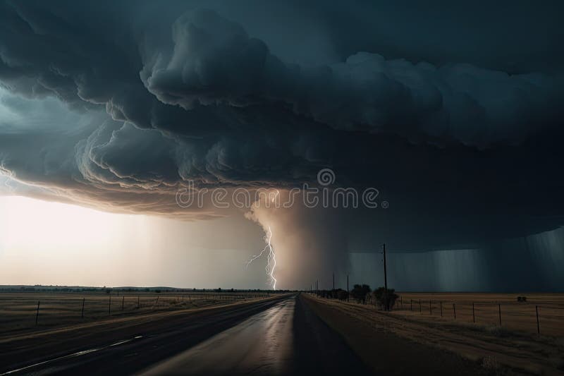 Cyclone with Storm Clouds and Lightning Visible in the Sky Stock ...