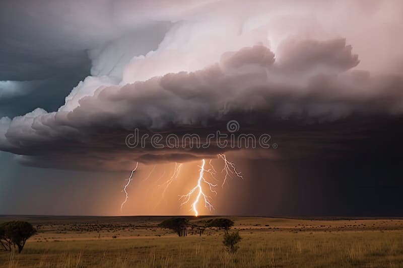 Cyclone with Storm Clouds and Lightning Visible in the Sky Stock ...