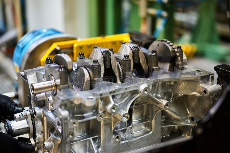 Cylinder Block Complete with Crankshaft. Assembly Line of Internal ...