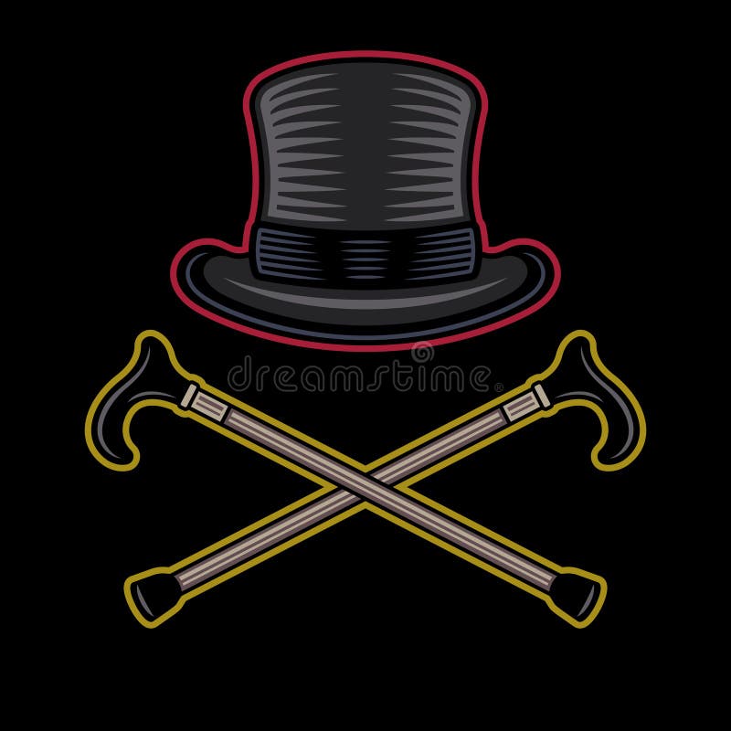Cylinder Hat and Two Crossed Canes Vector Illustration in Colored Style ...