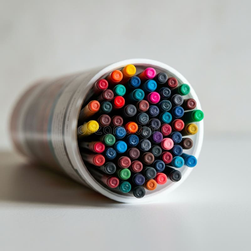 A Cylindrical Container Holds Numerous Colored Markers, with Tips ...