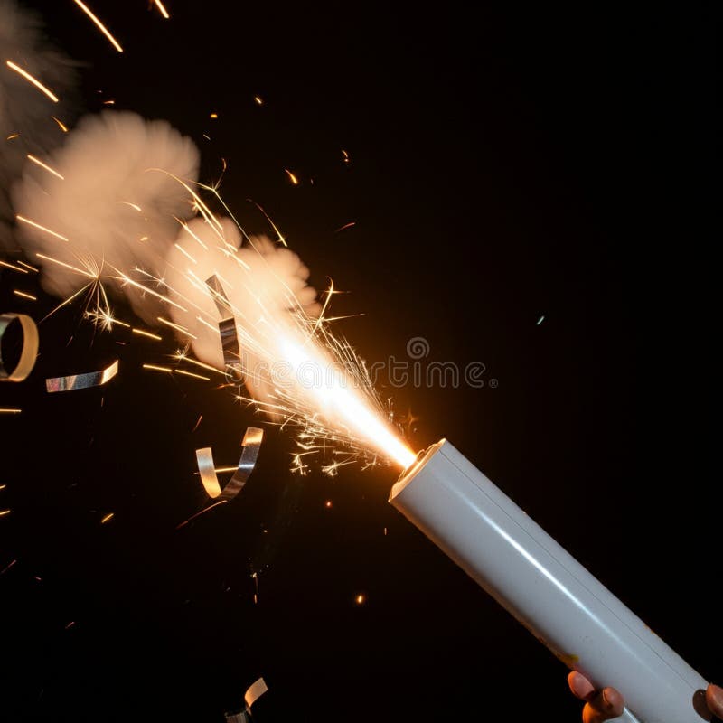 A Cylindrical Handheld Device is Launching a Burst of Sparks and Smoke ...