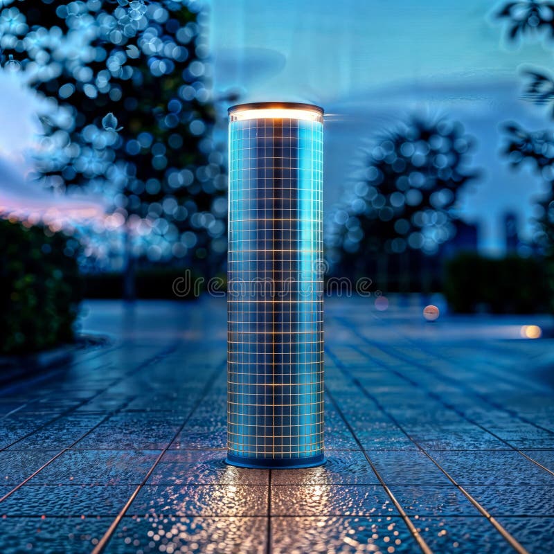 Cylindrical Light Structure Illuminates Wet Street, Generative Ai Stock ...