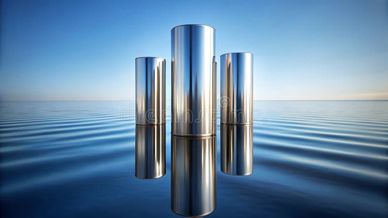 Cylindrical Metal Structures Floating on a Reflective Water Surface ...