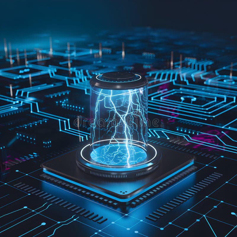Cylindrical Object with Blue Lightning, Intricate Digital Circuits ...