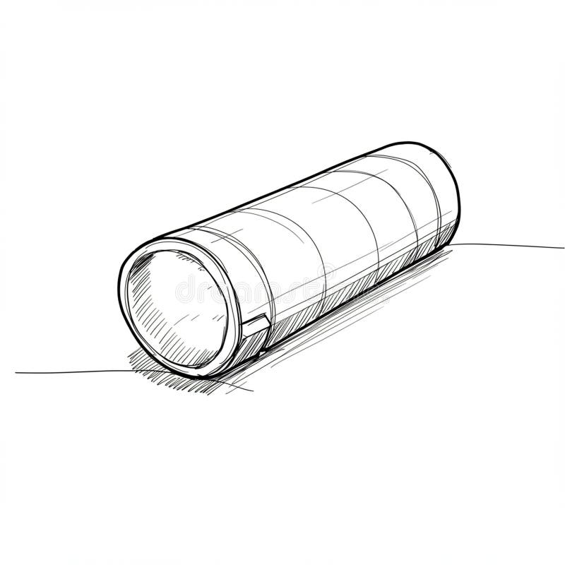 A Cylindrical Object Drawn in Black Pen Sketch Style, Lying on a Flat ...