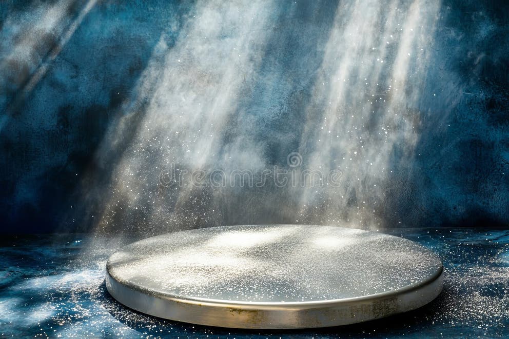 A Cylindrical Platform with Blue Lights and Sparkling Particles Stock ...
