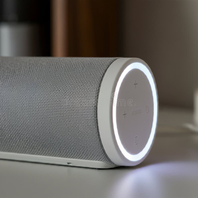 A Cylindrical Smart Speaker with a Fabric Texture and a Circular LED ...
