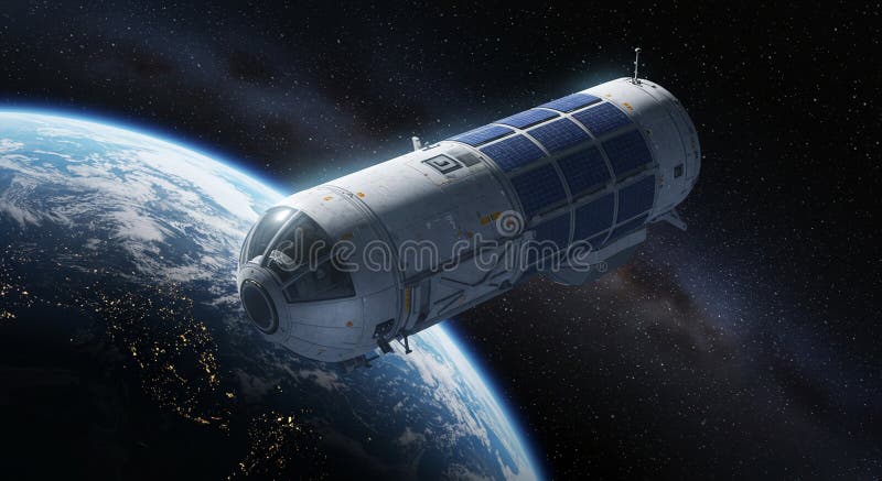 A Cylindrical Spacecraft Orbits Earth, Featuring a Silver Body with ...