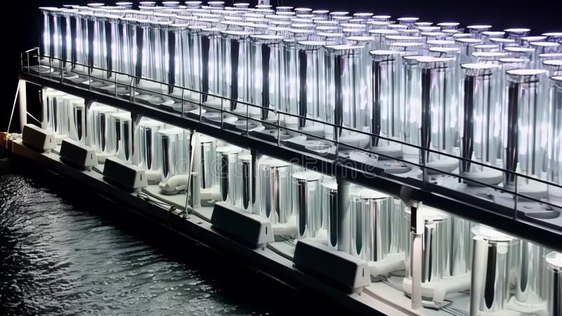 Floating Platform with Illuminated Cylinders Navigating Dark Waters ...