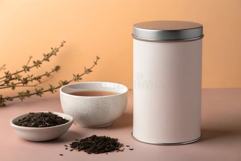 Cylindrical Tin Tea Packaging Mockup with Loose Leaf Tea and Brewed Tea ...