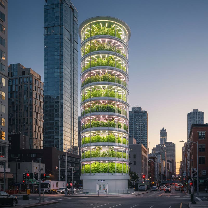 A Cylindrical Vertical Farm Situated Amidst an Urban Environment, with ...