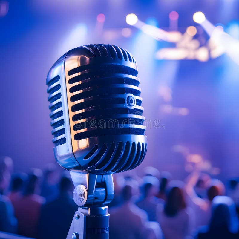 Cylindrical Vintage Microphone Illuminated by Blue Light, Concert Stage ...
