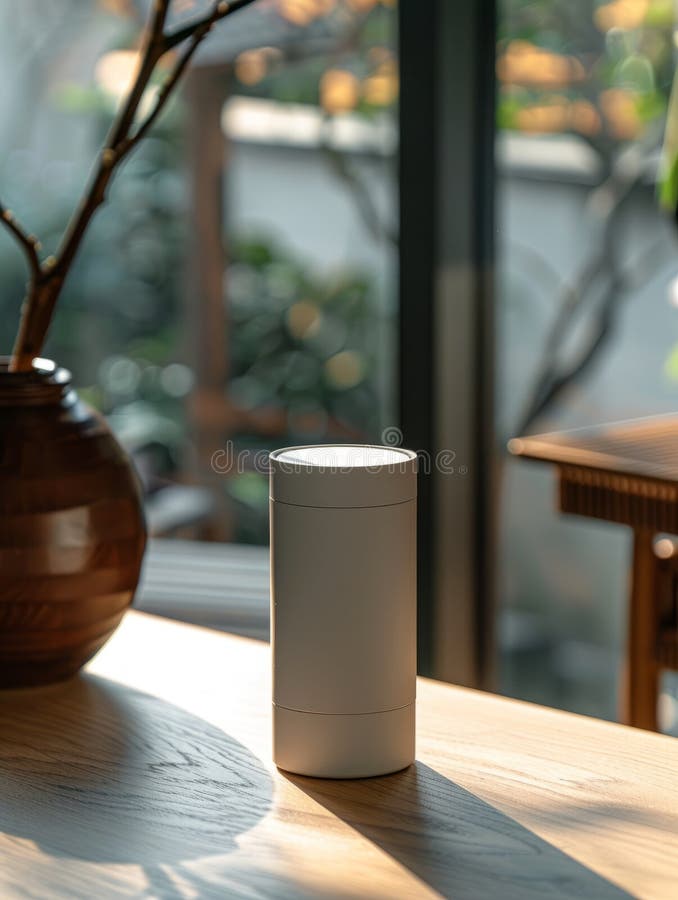 A Cylindrical White Product Container on a Wooden Table in Natural ...