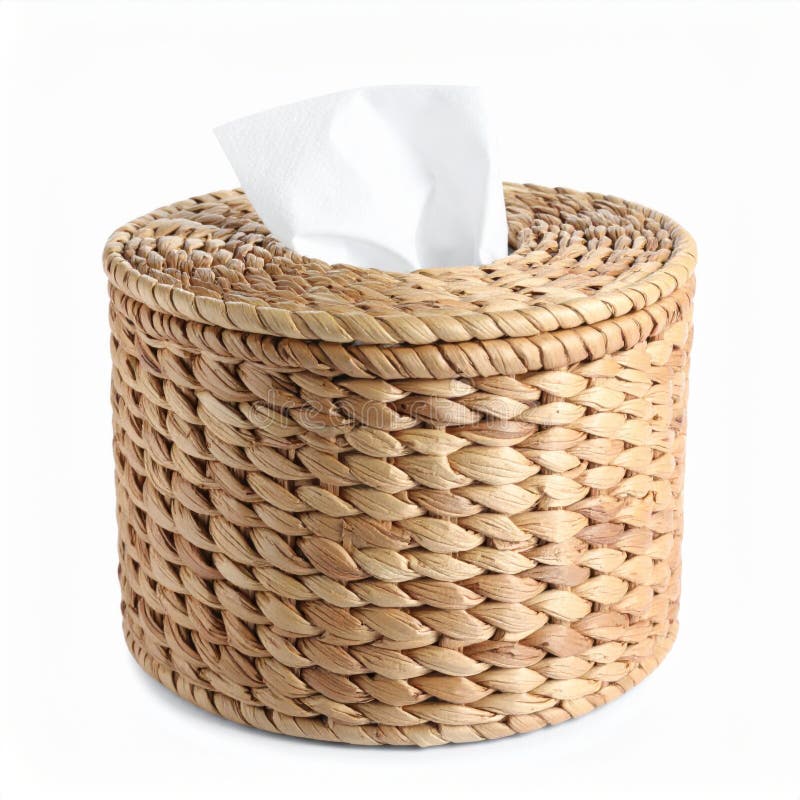 Cylindrical Wicker Tissue Box Holder with White Tissues on a White ...