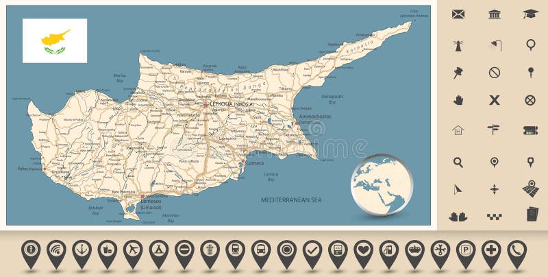 Cyprus Road Map and Map Icons Stock Vector - Illustration of aegean ...