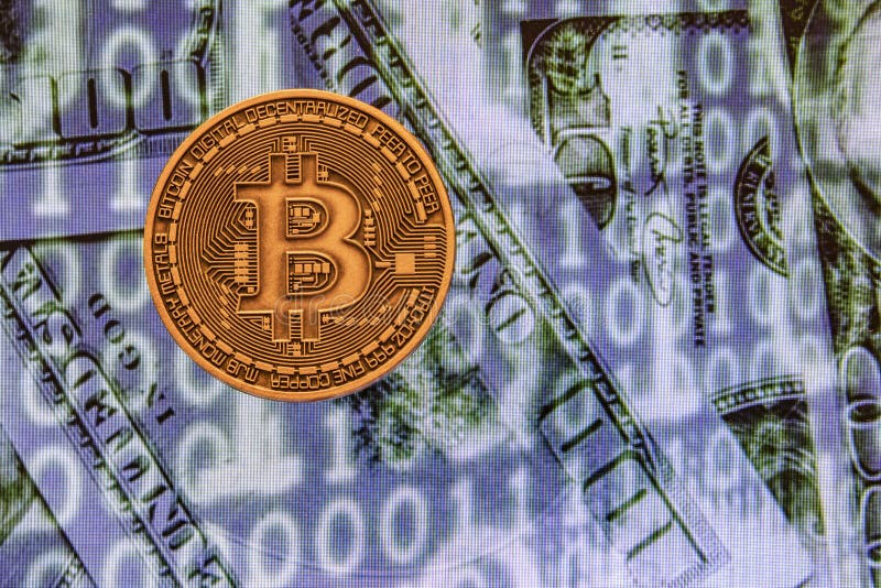 Close Up Physical Bitcoin Coin with Dollars and Matrix Codes Background ...