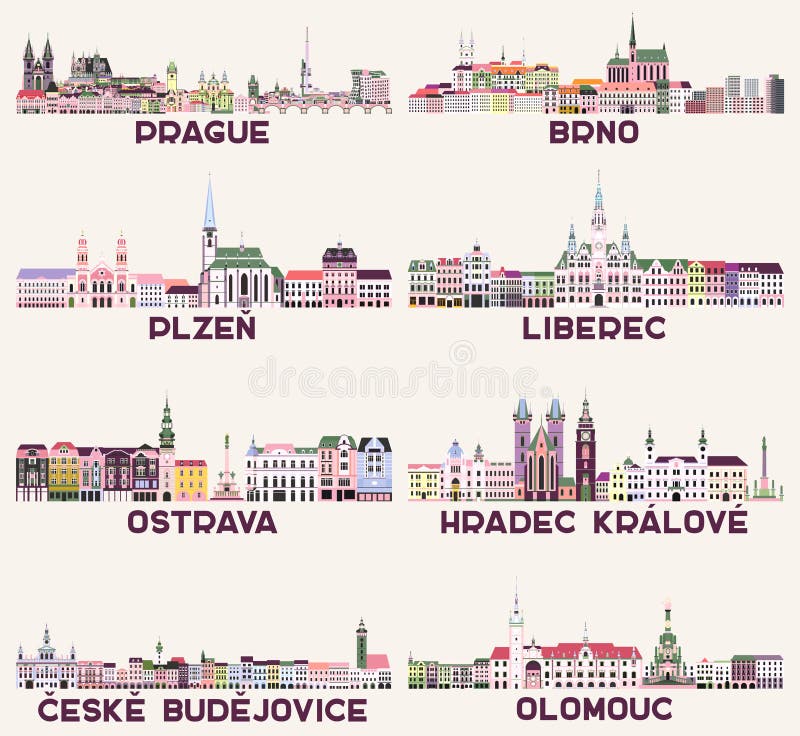 Czech Republic Main Cities Cityscapes in Rich Pastel Bright Colorful ...