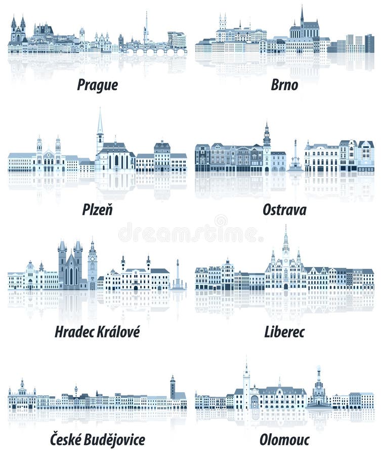 Czech Republic Main Cities Cityscapes in Tints of Blue Color Palette ...