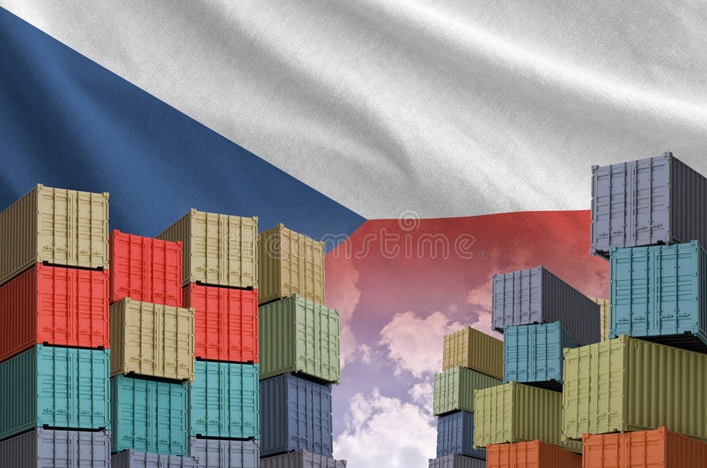 Czech Flag and Big Stack of Shipping Cargo Containers in Docks with Sky ...