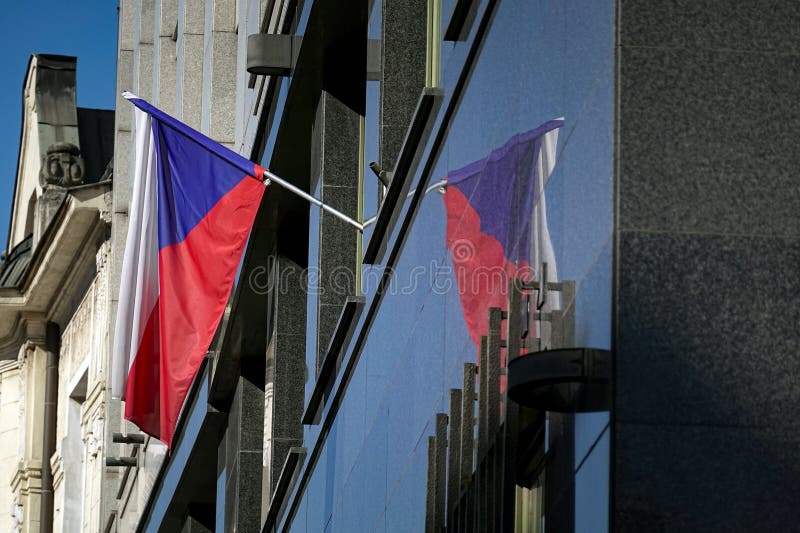 Czech National Flag Waving on Modern Building Reflected on Marble Wall ...