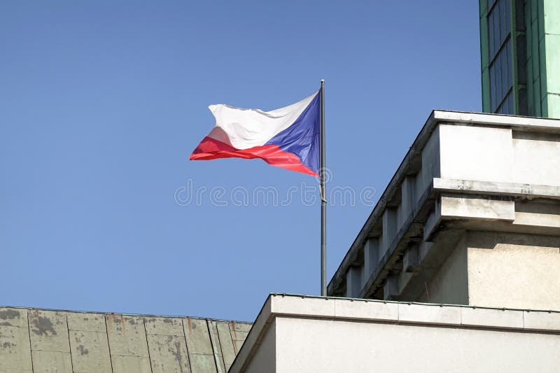 Czech National Flag Waving in Wind on Building with Blue Sky and ...