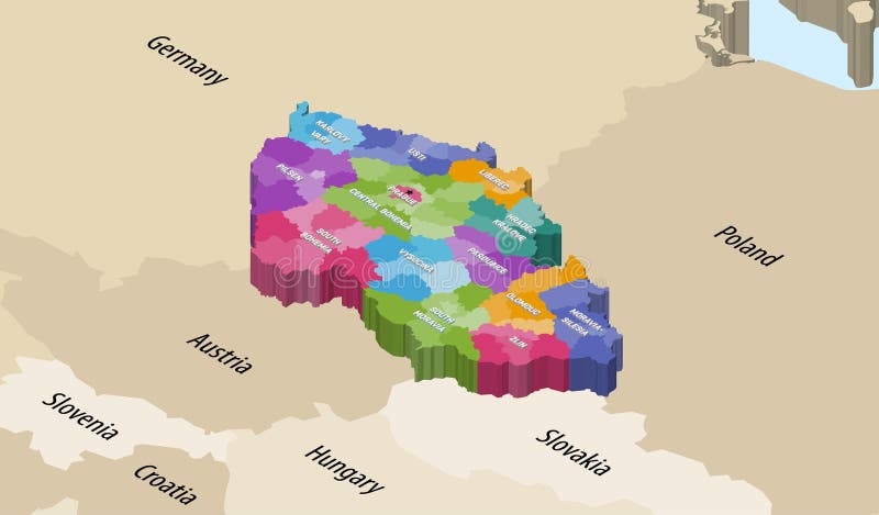 Czech Republic Districts Colored by Regions Isometric Map with ...