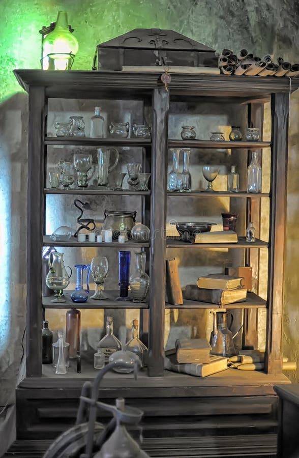 Medieval Alchemy Shop with Flasks and Tools Editorial Stock Image ...