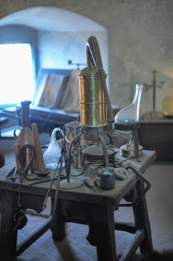 Medieval Alchemy Shop with Flasks and Tools Editorial Photography ...