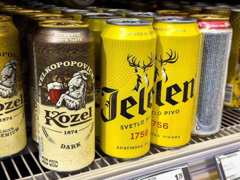Czech and Serbian Beer Cans on Store Shelf Displaying Authentic Labels ...