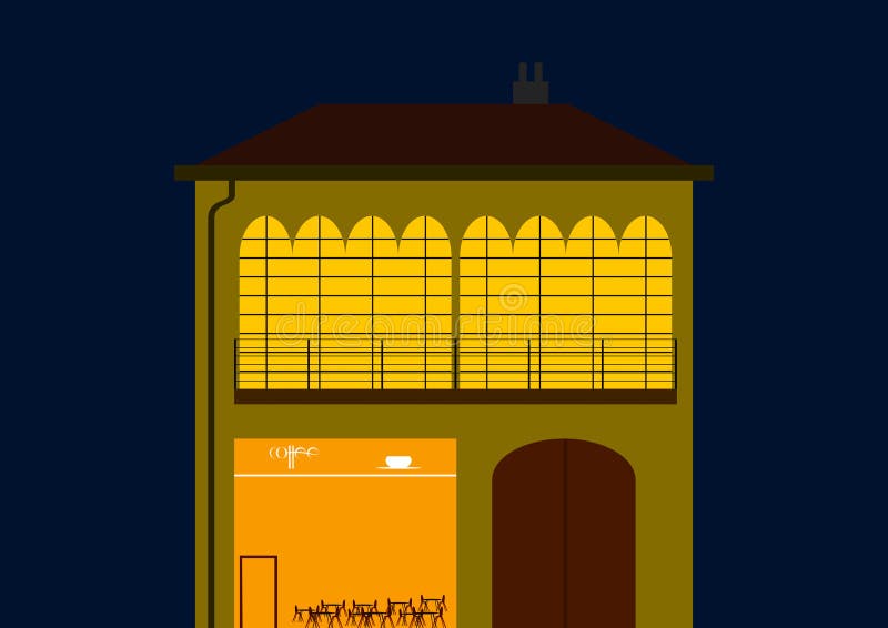 House with Parisian Windows, Cafe and Big Gate at Night Stock Vector ...
