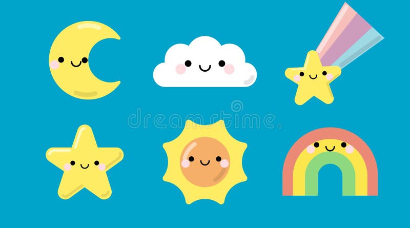 Set of Cute Kawaii Sky Objects. the Set Contains Six Cute Objects Such ...