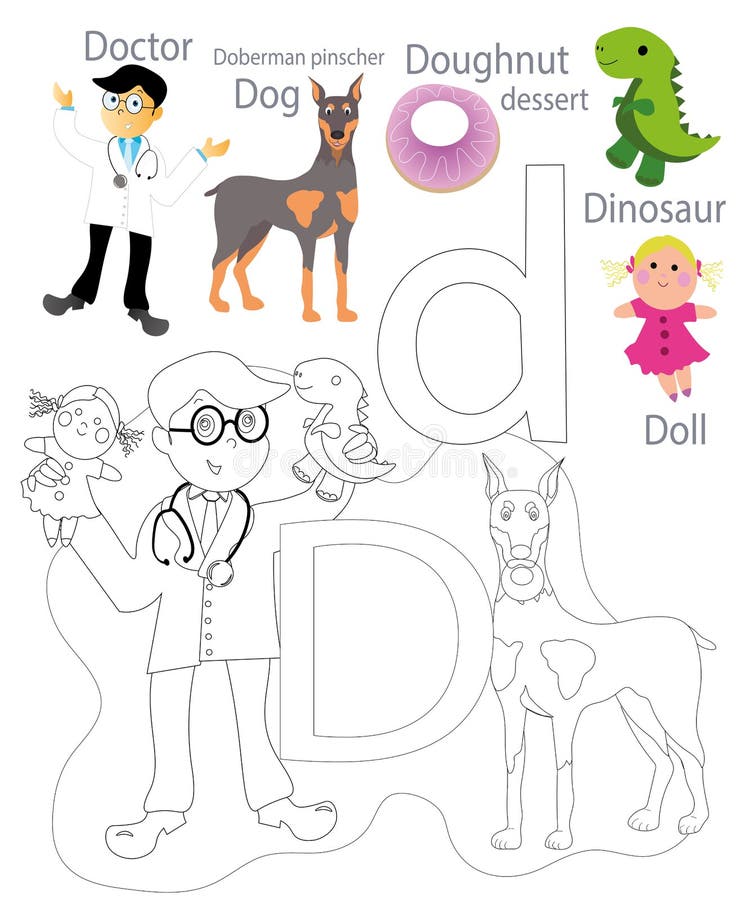 Capital Simple Letter D Words Picture Coloring Page Stock Illustration ...