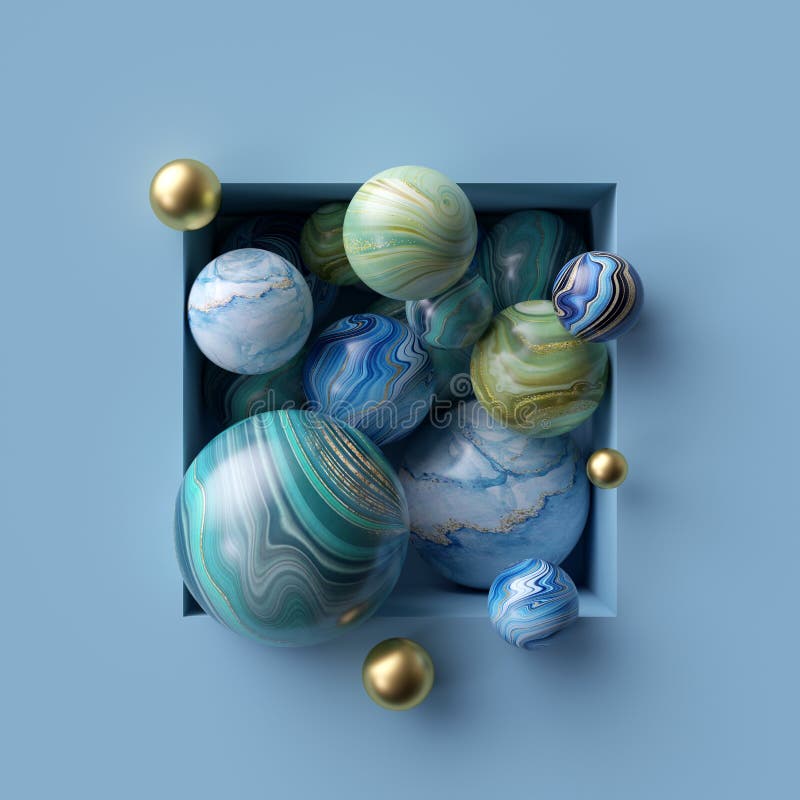 3d Abstract Background, Assorted Marble Balls Inside Blue Square Niche ...