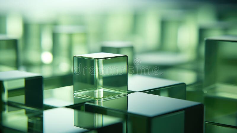 3D Abstract Background of Reflective Green Glass Cubes with Copy Space ...