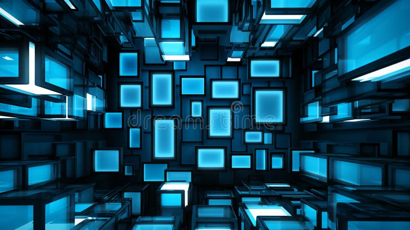 A 3D Abstract Composition of Glowing Blue Neon Rectangles in Various Sizes Creating . Stock ...