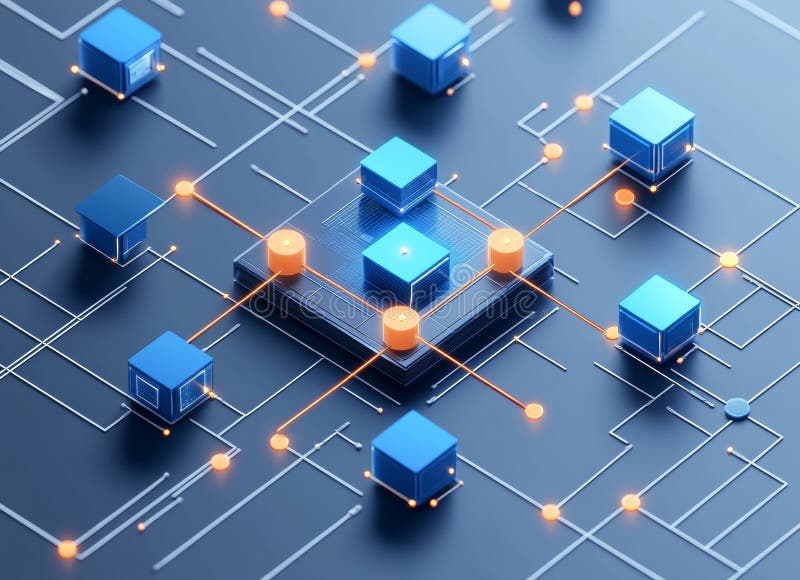 A 3D Abstract Design of Blue Cubes and Orange Spheres Linked Together ...