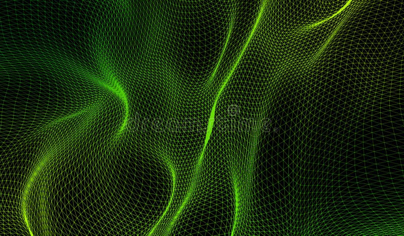 3D Abstract Digital Technology Green Particles Network Wave on Black ...
