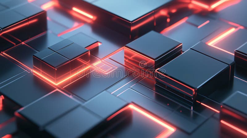 3D Abstract Glowing Cubes and Circuit Lines in Futuristic Background ...