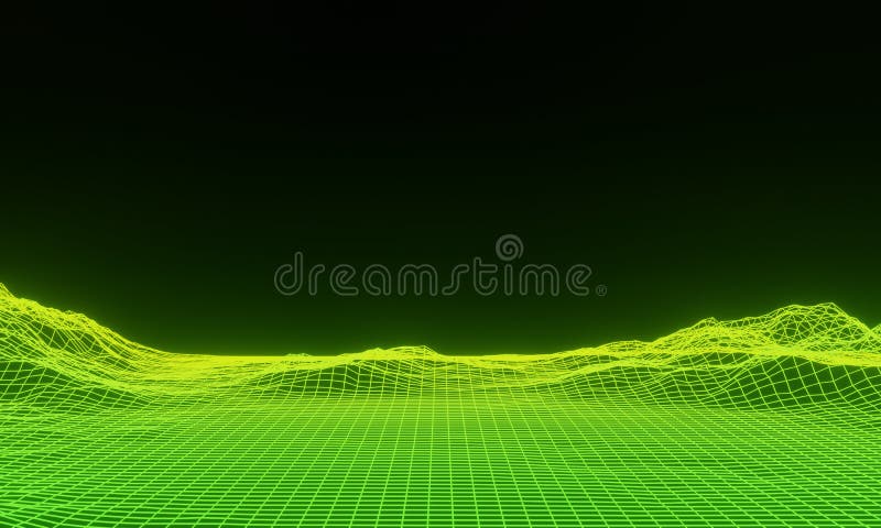 3D Abstract Grid Neon Topography. Gradient Green Mesh Terrain Stock ...
