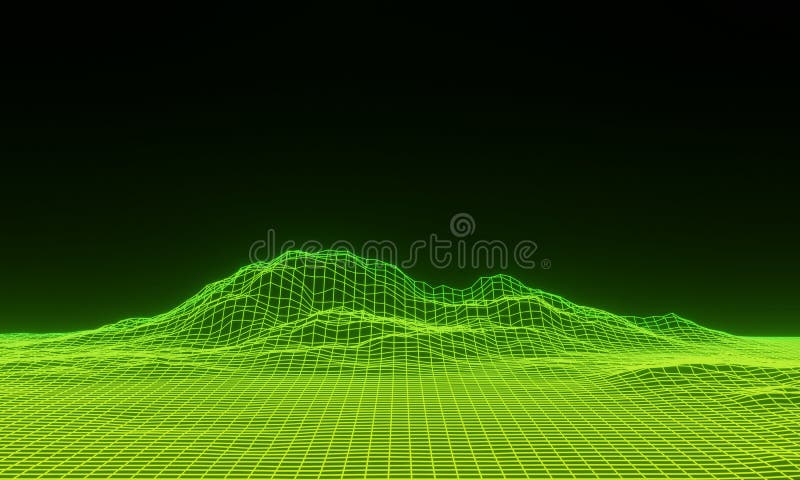 3D Abstract Grid Neon Topography. Gradient Green Mesh Terrain Stock ...