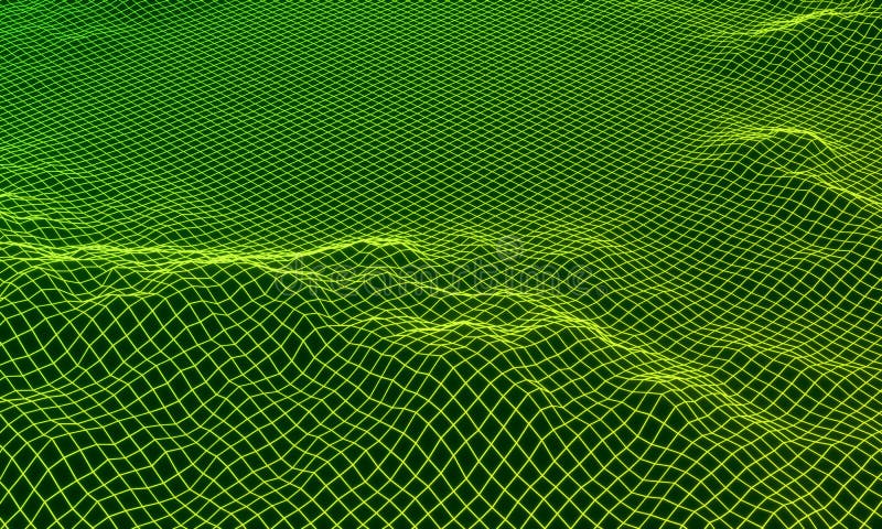 3D Abstract Grid Neon Topography. Gradient Green Mesh Terrain Stock ...