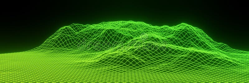 3D Abstract Grid Neon Topography. Gradient Green Mesh Terrain Stock ...