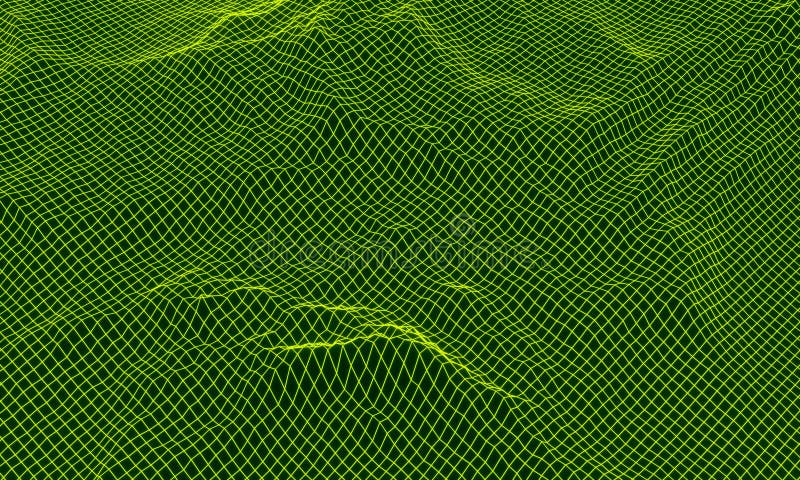 3D Abstract Grid Neon Topography. Gradient Green Mesh Terrain Stock ...