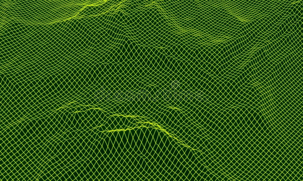 3D Abstract Grid Neon Topography. Gradient Green Mesh Terrain Stock ...