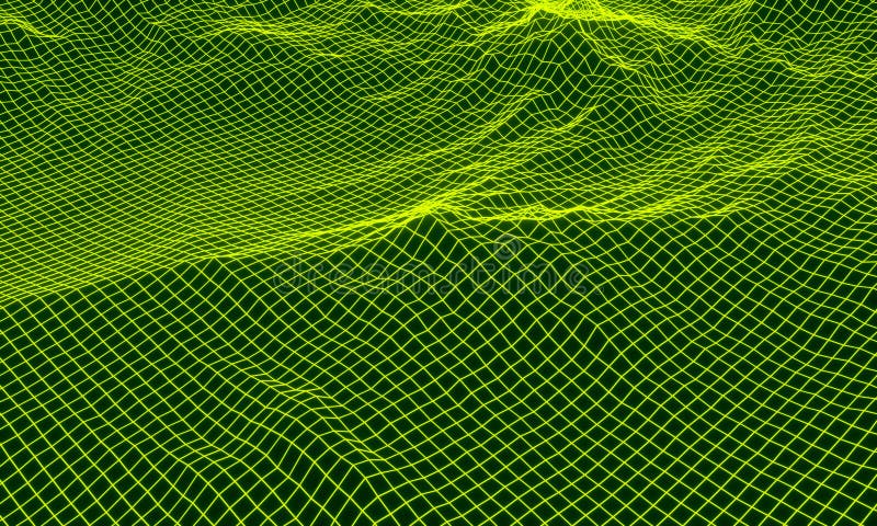 3D Abstract Grid Neon Topography. Gradient Green Mesh Terrain Stock ...