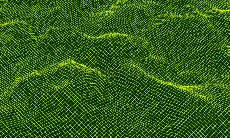 3D Abstract Grid Neon Topography. Gradient Green Mesh Terrain Stock ...