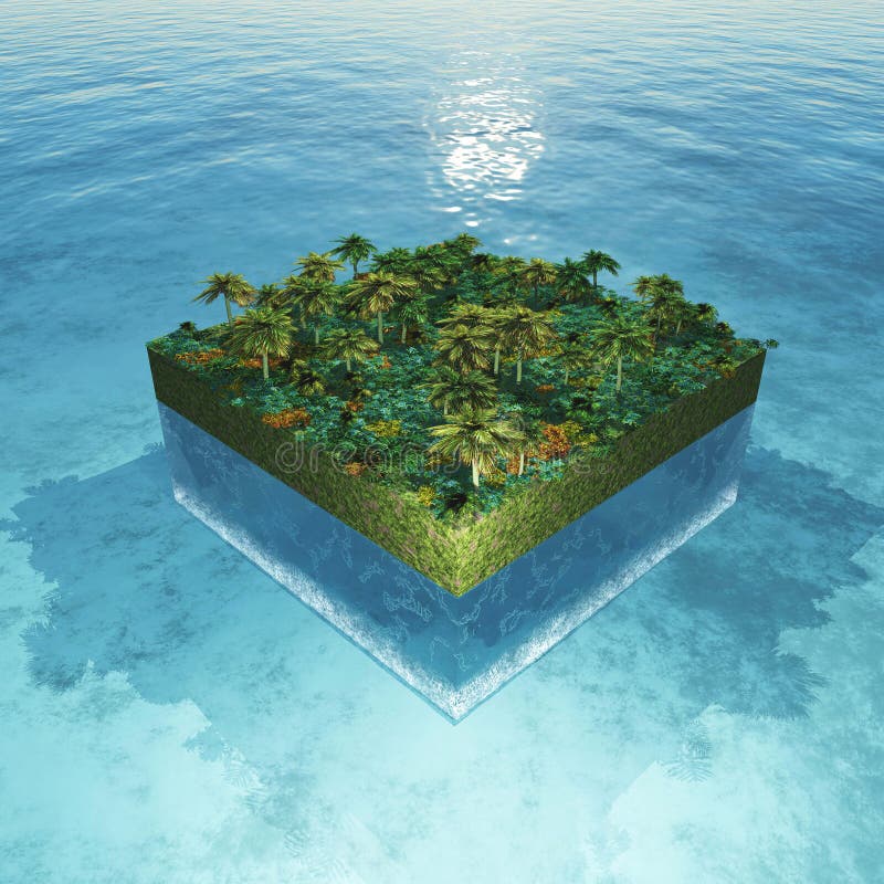 3D Abstract Landscape with a Palm Tree Cube in the Ocean Stock ...
