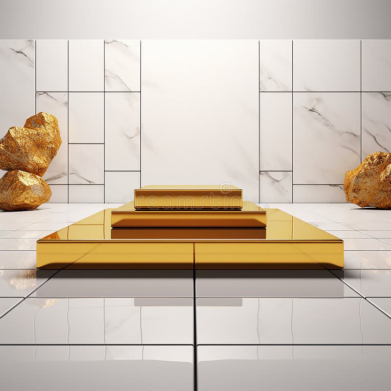 3d Abstract Modern with Golden Square Frame and Empty Rock Platform for ...