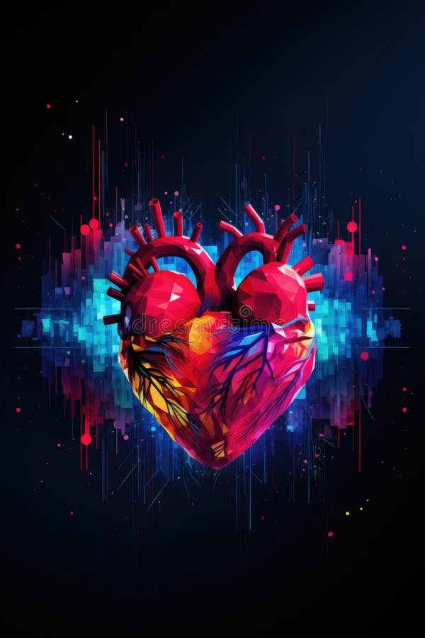 3D Abstract Neon Heart with Geometric Shapes on a Dark Background Stock ...
